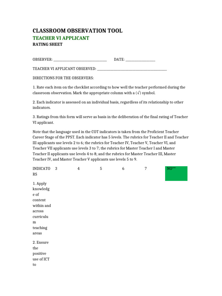 Classroom Observation Tool Teacher VI Applicant Colored | PDF ...