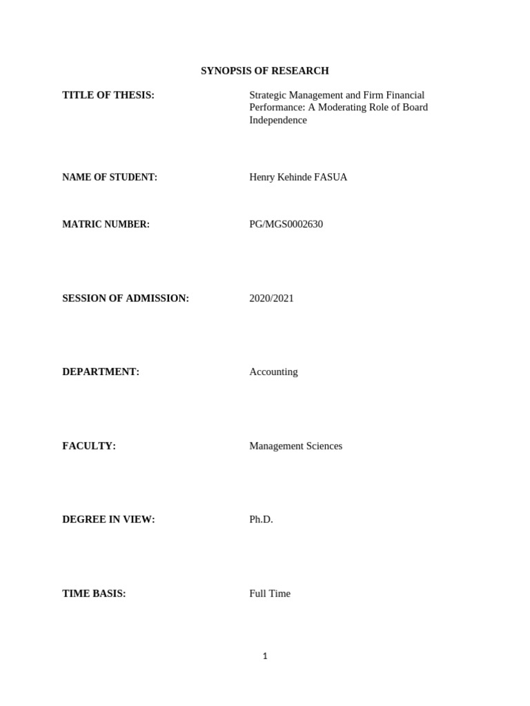 My SYNOPSIS OF RESEARCH-PhD Synopsis | PDF | Strategic Management ...