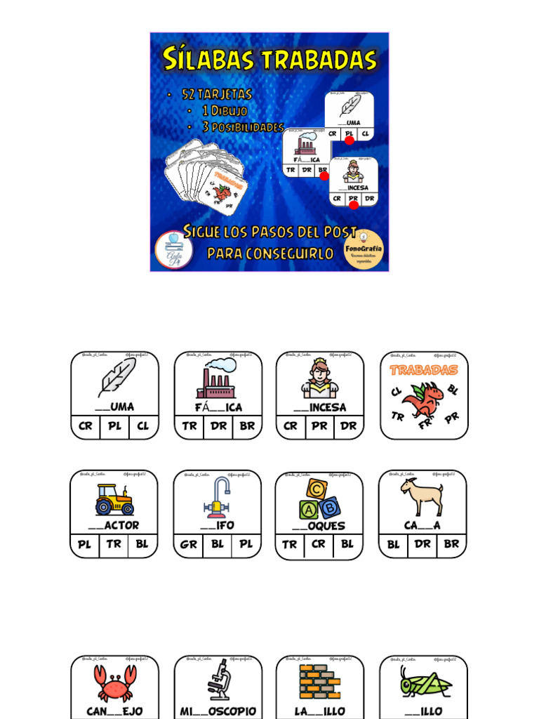 Tarjetas de Sílabas Trabadas para Aprender | PDF
