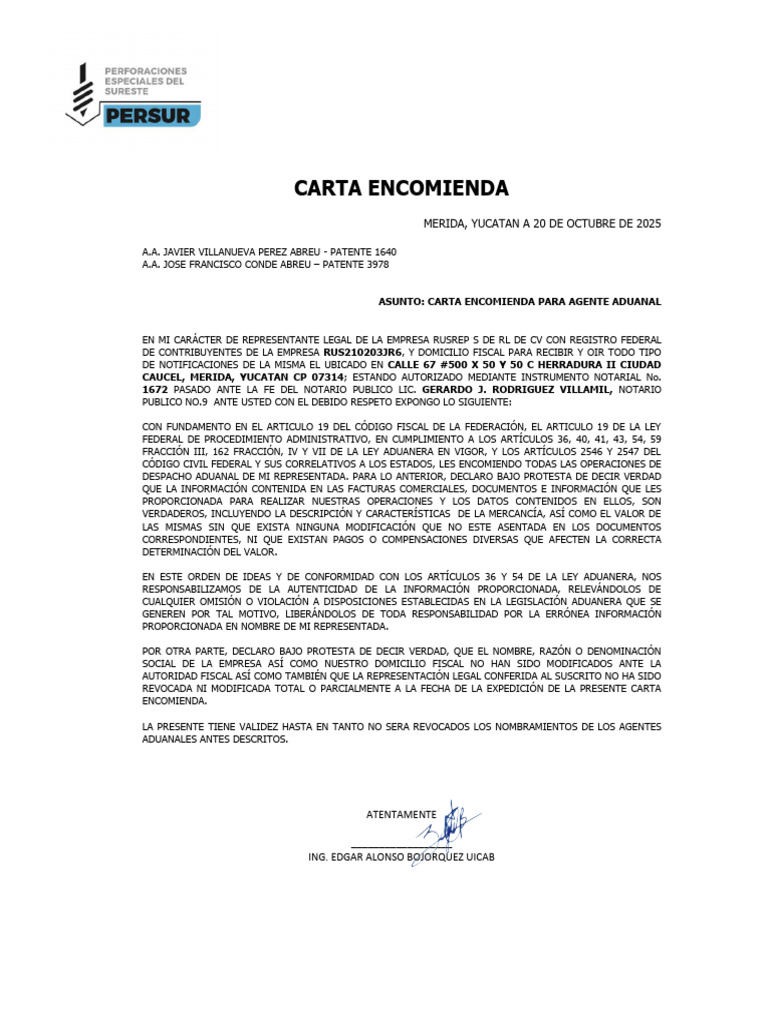 Carta Encomienda para Agentes Aduanales | PDF