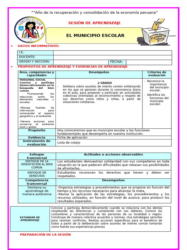2º u7 s1 Sesion d1 Ps El Municipio Escolar | PDF | Evaluación | Aprendizaje