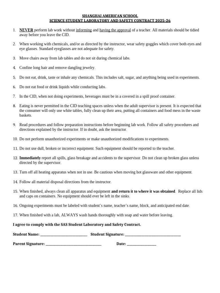 Student Safety Contract Updated 2025-26 | PDF | Laboratories