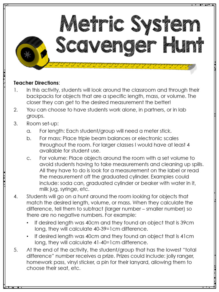 Metric System Scavenger Hunt Activity | PDF | Volume | Quantity