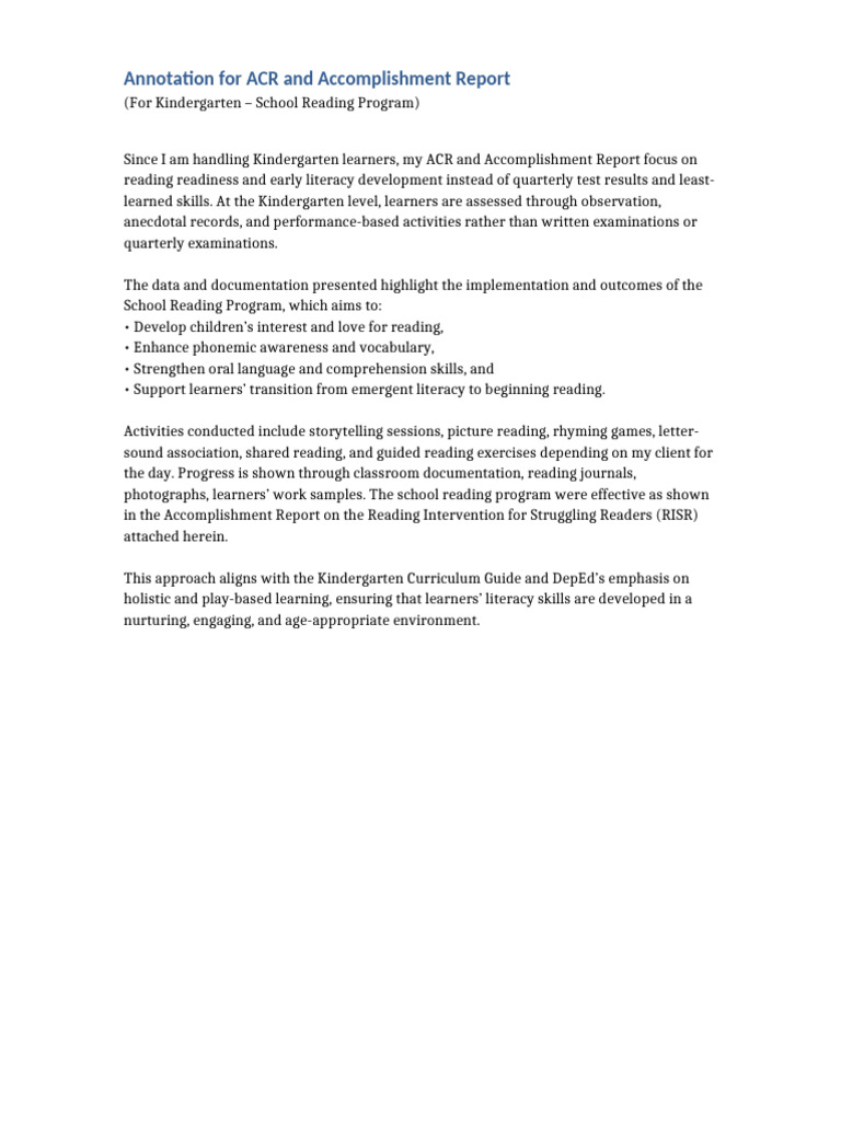 Annotation For ACR and Accomplishment Report Kindergarten | PDF