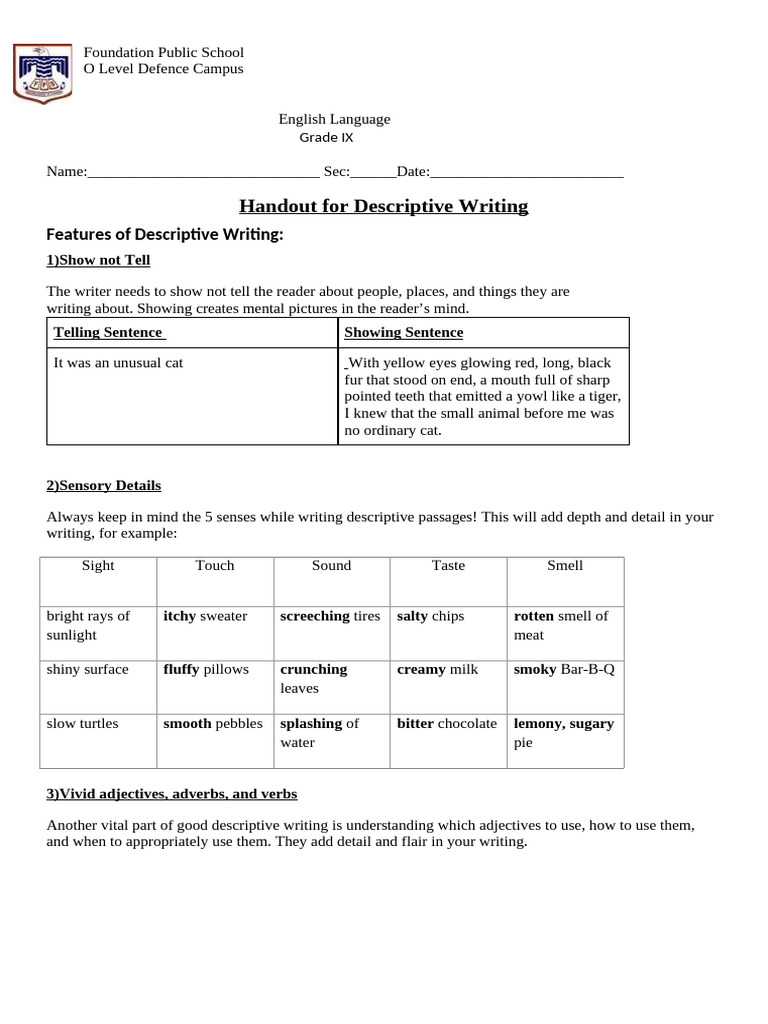Handout For Descriptive Writing | PDF | Senses | Perception