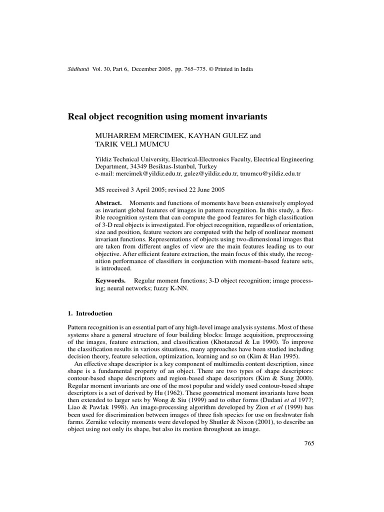 Real Object Recognition Using Moment Invariants: Muharrem Mercimek ...