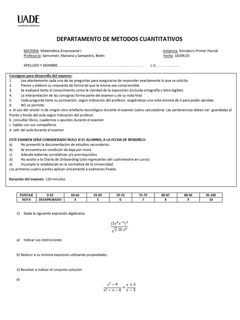 Simulacro Primer Parcial ME1 | PDF | Matemáticas