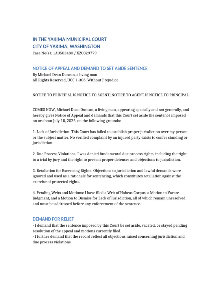 1 - Notice of Appeal and Demand To Set Aside Sentence | PDF