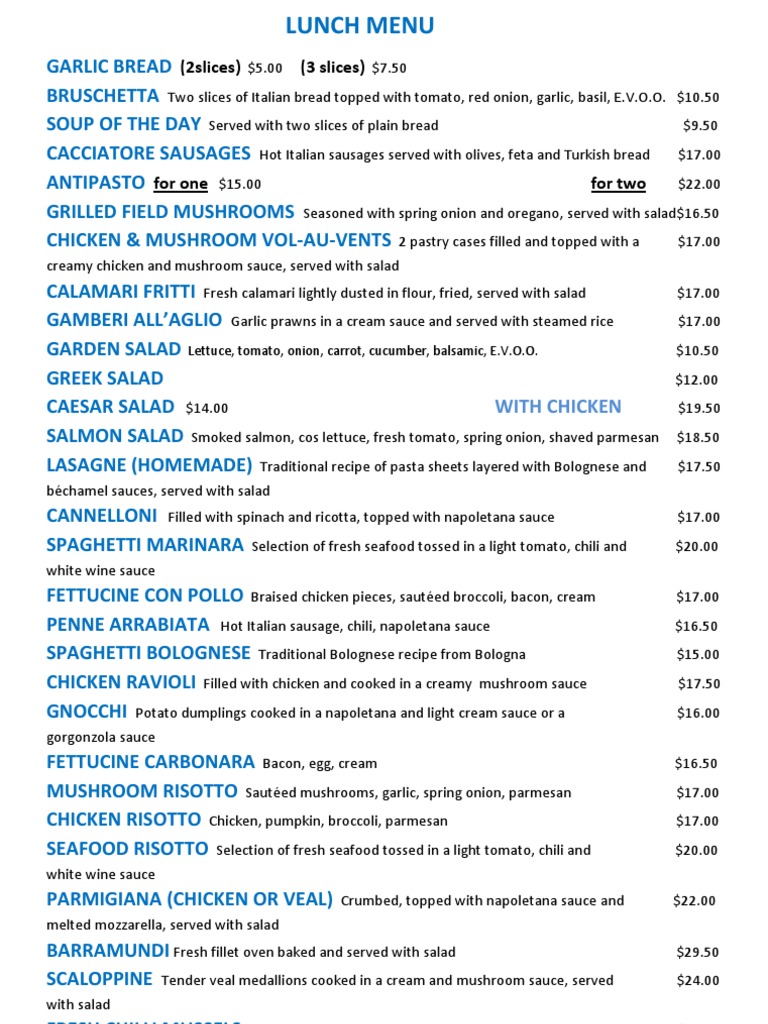 Italian Lunch Menu with Prices | PDF