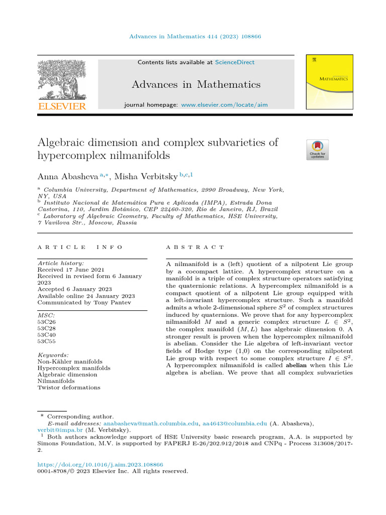 Abasheva, Verbitsky. Algebraic Dimension and Complex Subvarieties of Hypercomplex Nilmanifolds ...