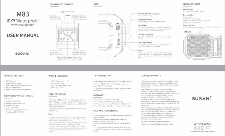 Bugani m83 Ipx5 Waterproof Wireless Speaker Manual Optimized | PDF