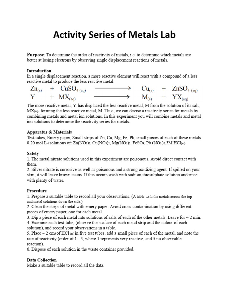 Unit 1 Lab - Activity Series of Metals Lab | PDF | Nitrate | Metals