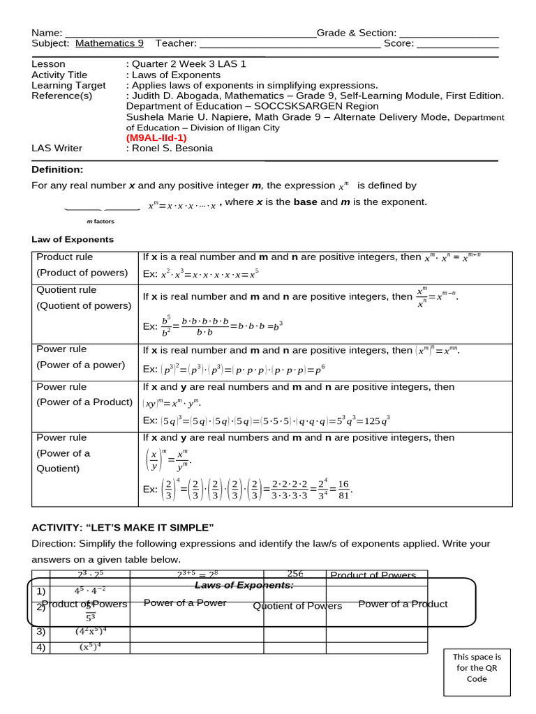 LAS-Math9-WEEK3-LAS1 LAW OF EXPONENTS | PDF | Exponentiation | Real Number