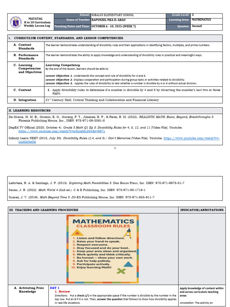 Grade 5 Divisibility Rules Lesson Plan | PDF | Learning | Mathematics