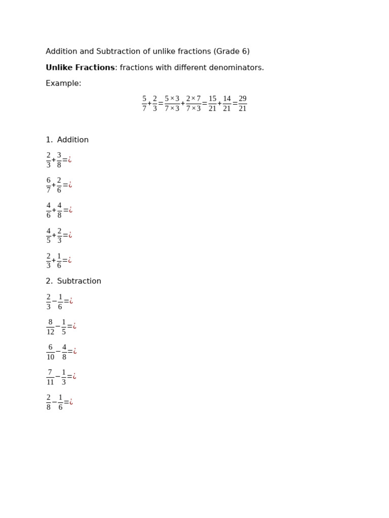 Adding & Subtracting Unlike Fractions | PDF