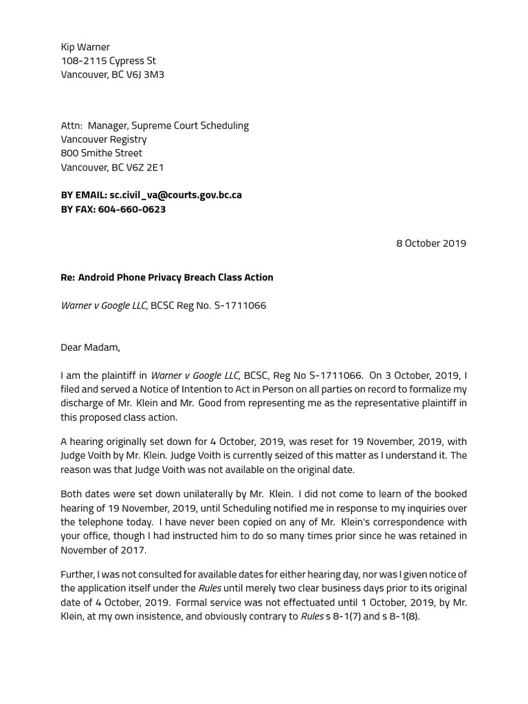 2019-10-08 - Letter To Registry Regarding Klein's Hearing | PDF ...
