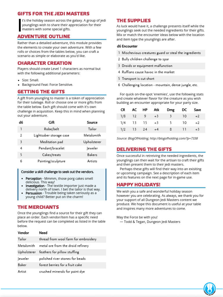 Gifts For The Jedi Masters - Adventure Outline - Dungeon Jedi Masters ...