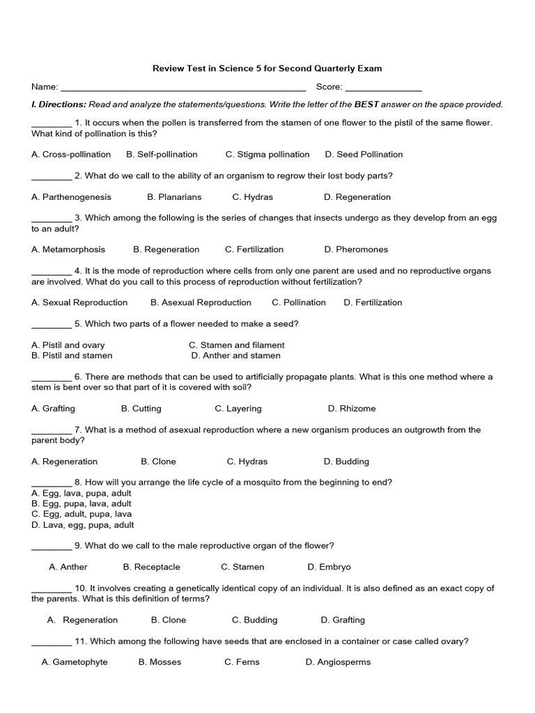 Review Test in Science 5 For Second Quarterly Exam | PDF | Flowers ...
