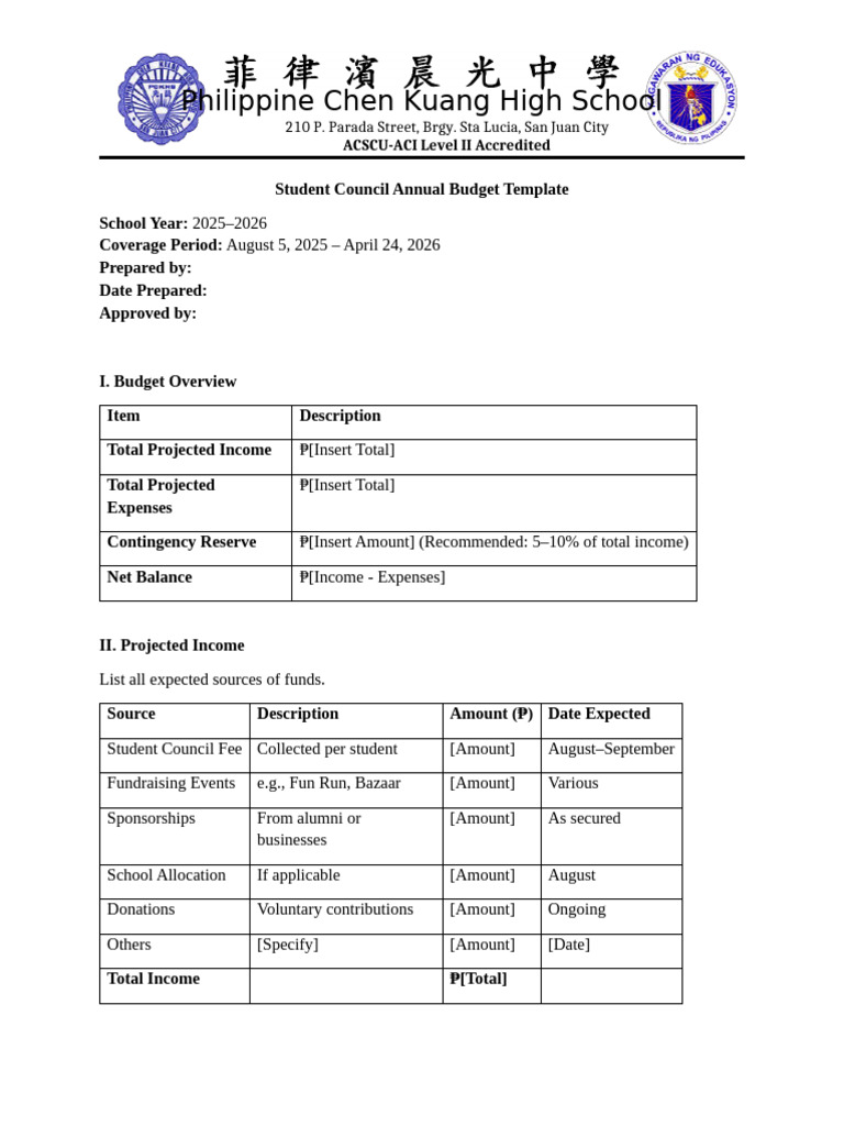 Student Council Budget Template 2025-2026 | PDF | Budget