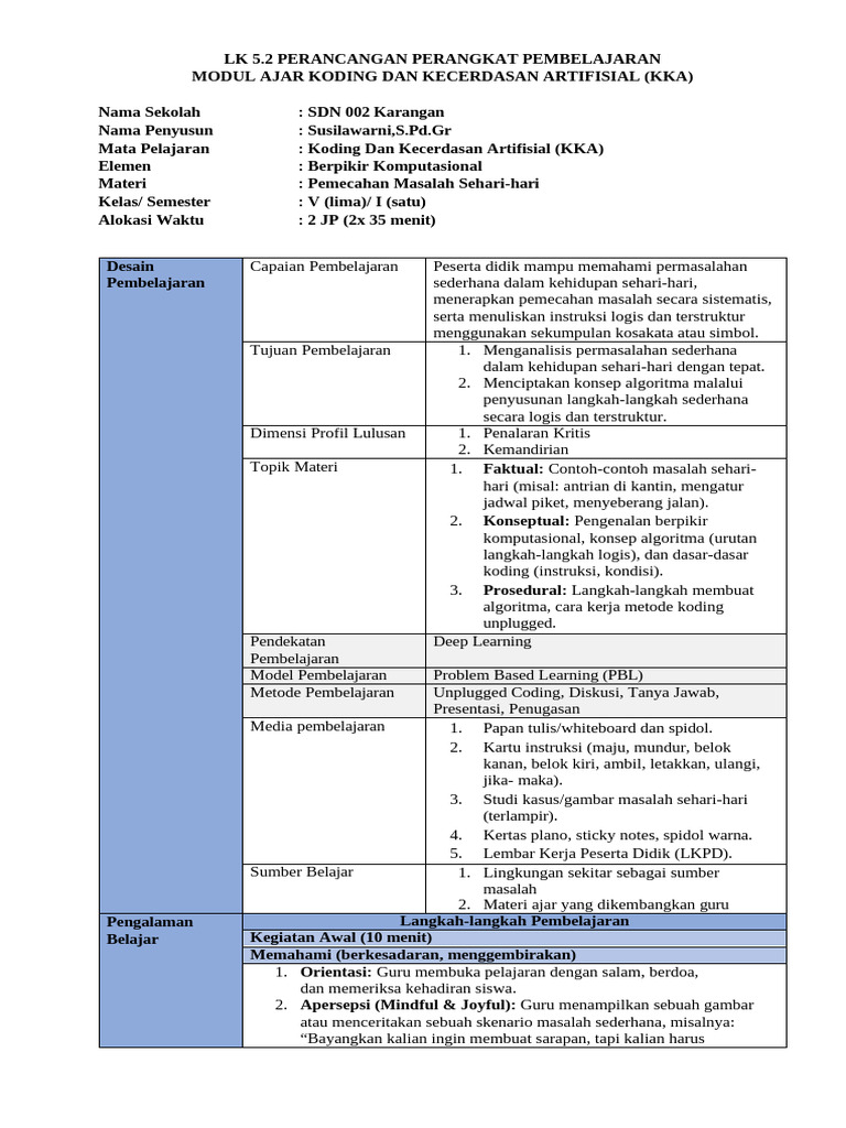RPP Modul Ajar Koding Dan Kecerdasan Artifisial (KKA) Modul 3 | PDF