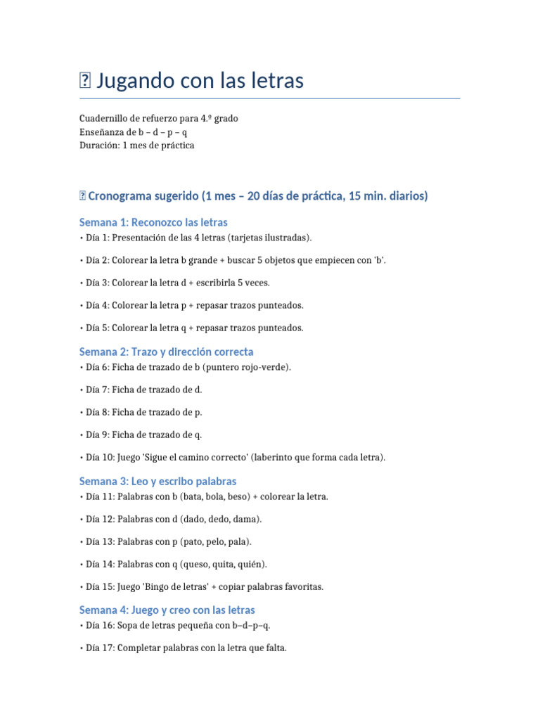 Refuerzo de letras b, d, p, q para 4.º grado | PDF