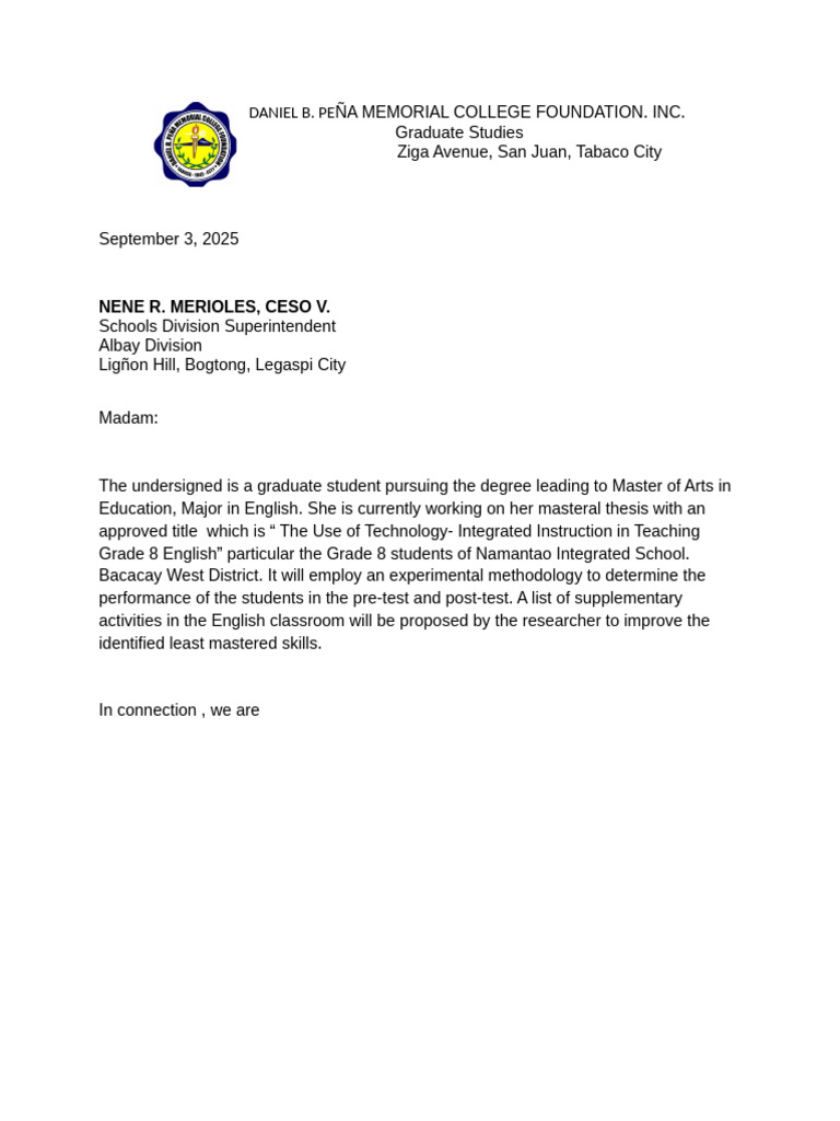 A Letter For The Approval of Sds Albay | PDF