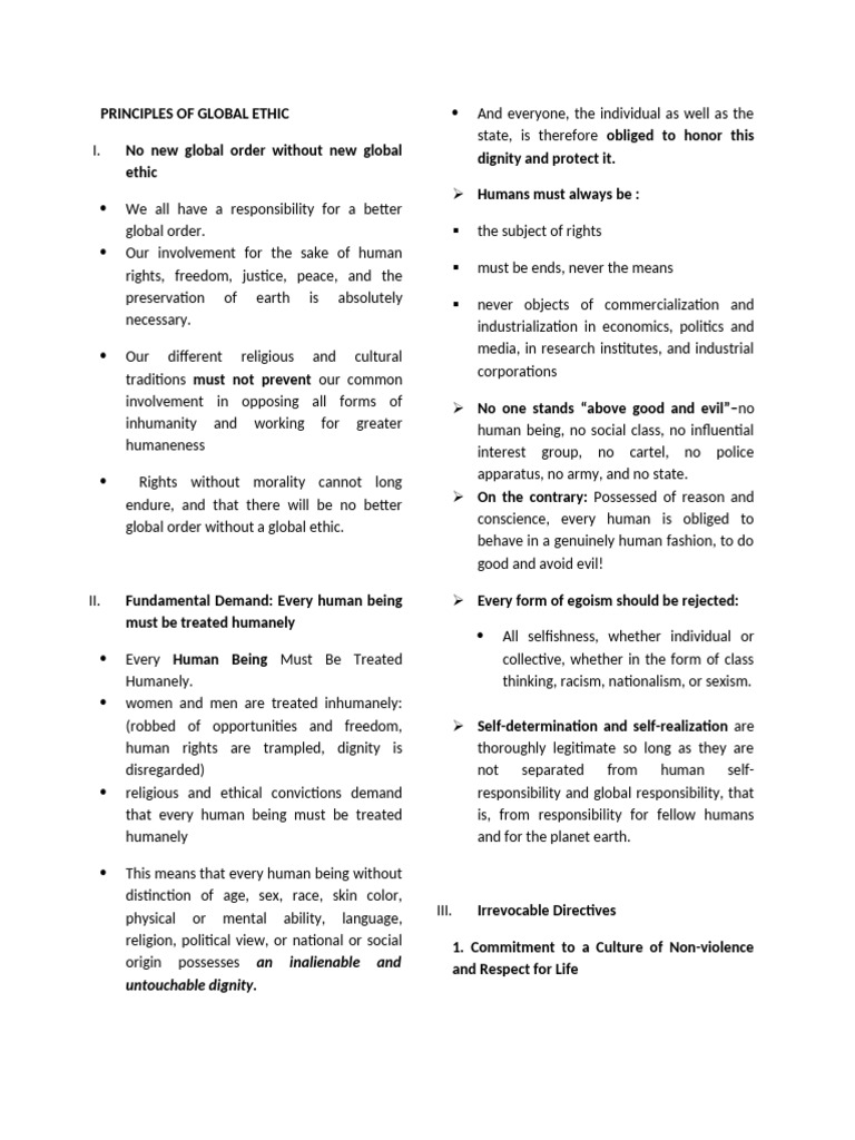 Global Ethic Principles for Humanity | PDF | Dignity | Good And Evil