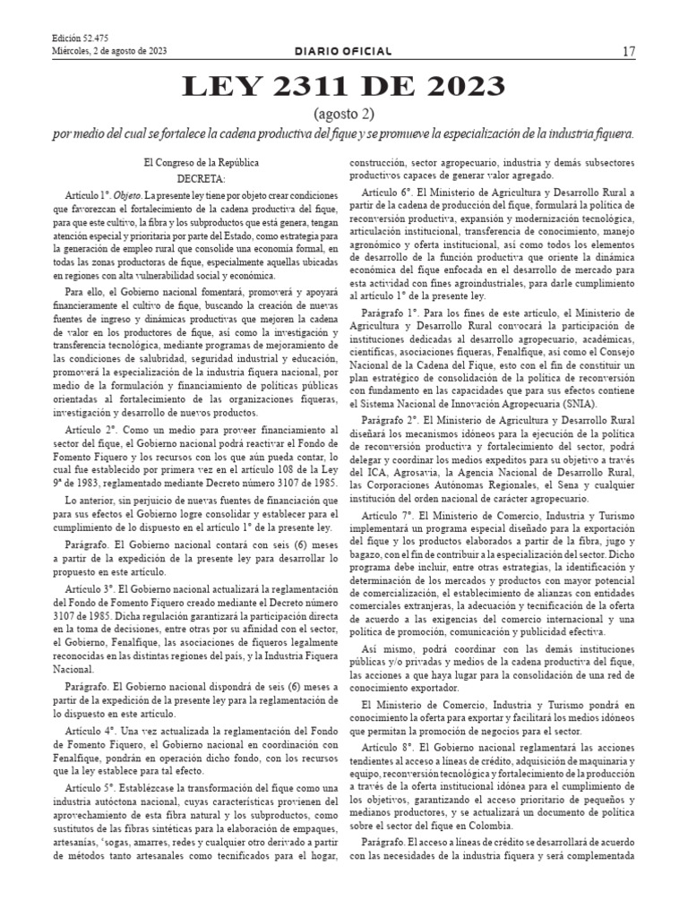 Ley 2311 de 2023: Fortalecimiento del Fique | PDF | Agricultura ...