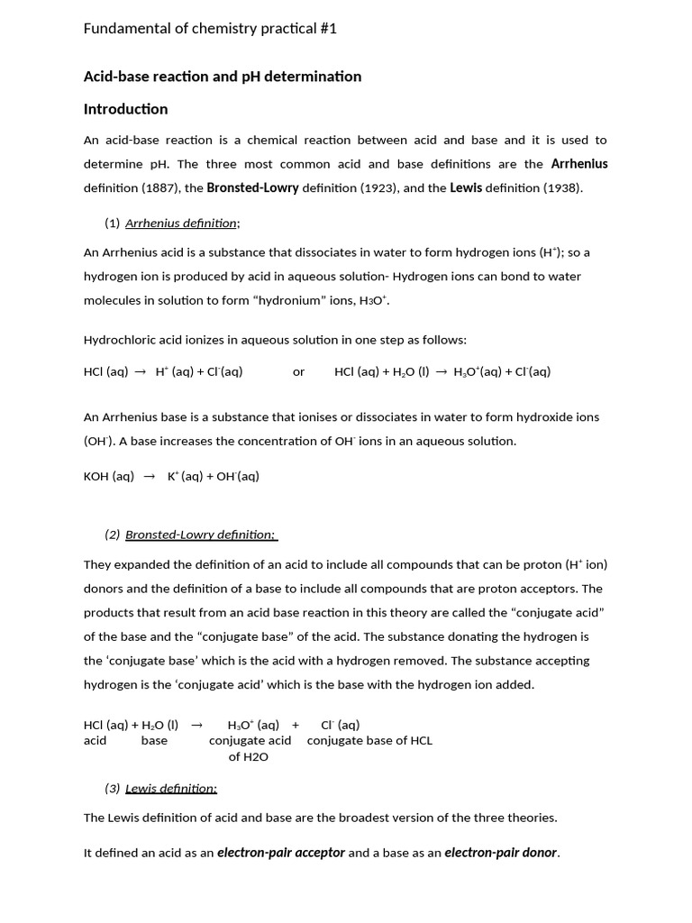 Acid-Base Reactions and pH Measurement | PDF | Acid | Ph