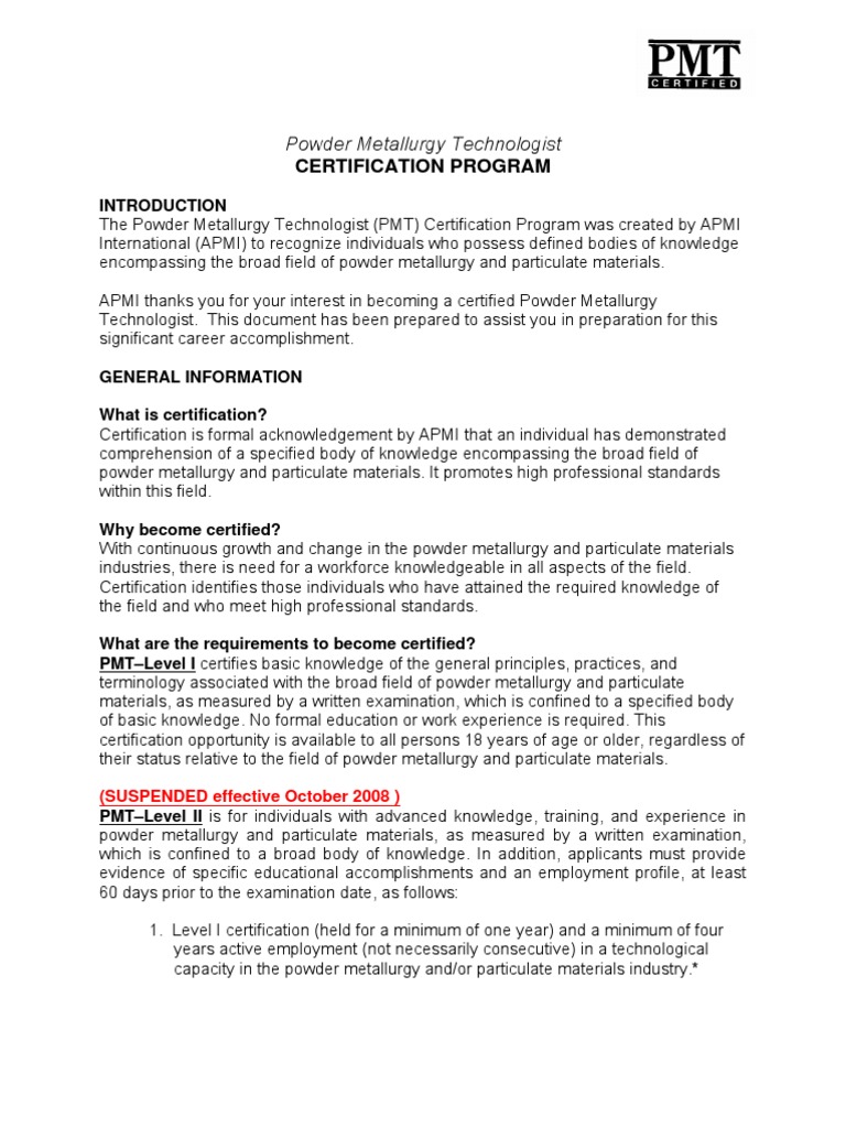 PMT On The Web Info | PDF | Professional Certification | Sintering