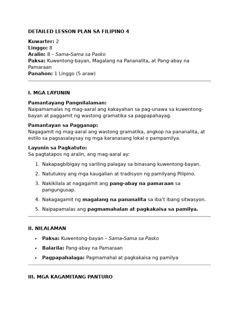Detailed Lesson Plan Sa Filipino 4 | PDF
