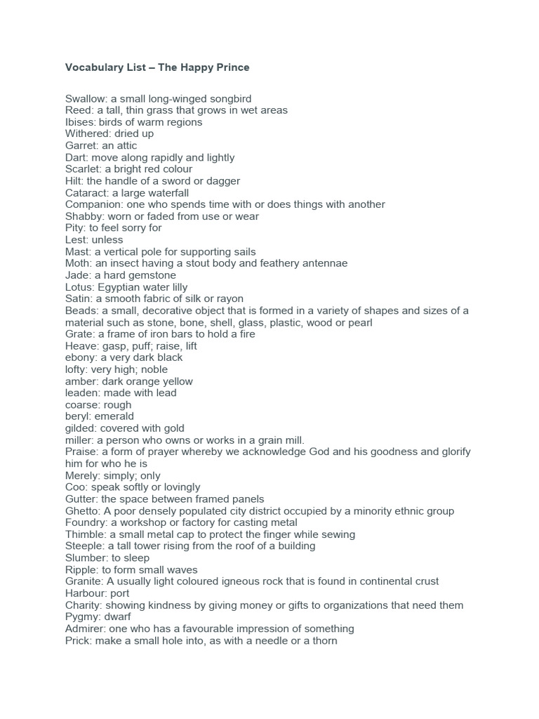Vocabulary for The Happy Prince | PDF