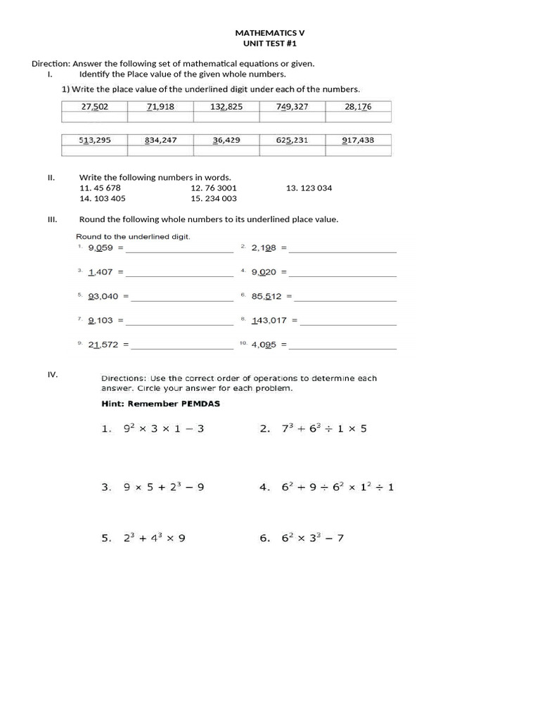 Unit Test For Whole Numbers | PDF