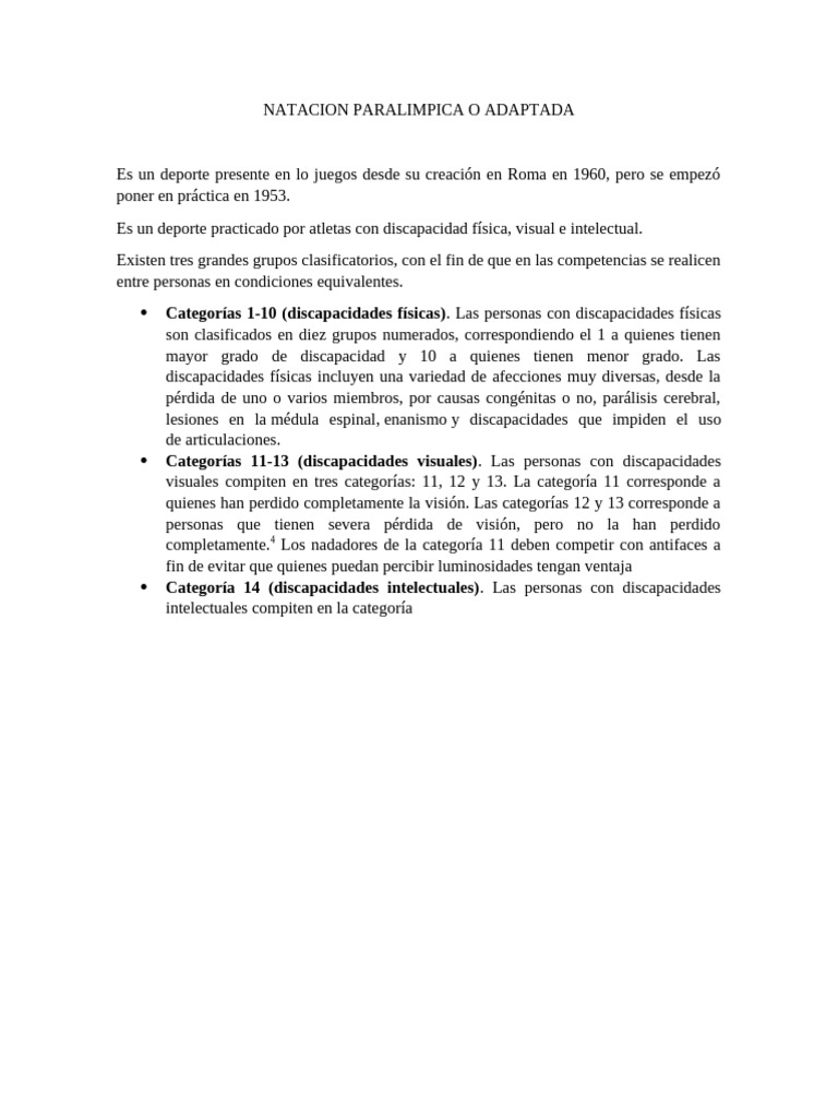 Natación Paralímpica: Clasificación y Tipos | PDF