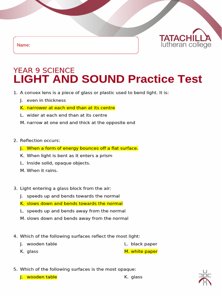 Year 9 Science Light and Sound Test | PDF | Light | Waves