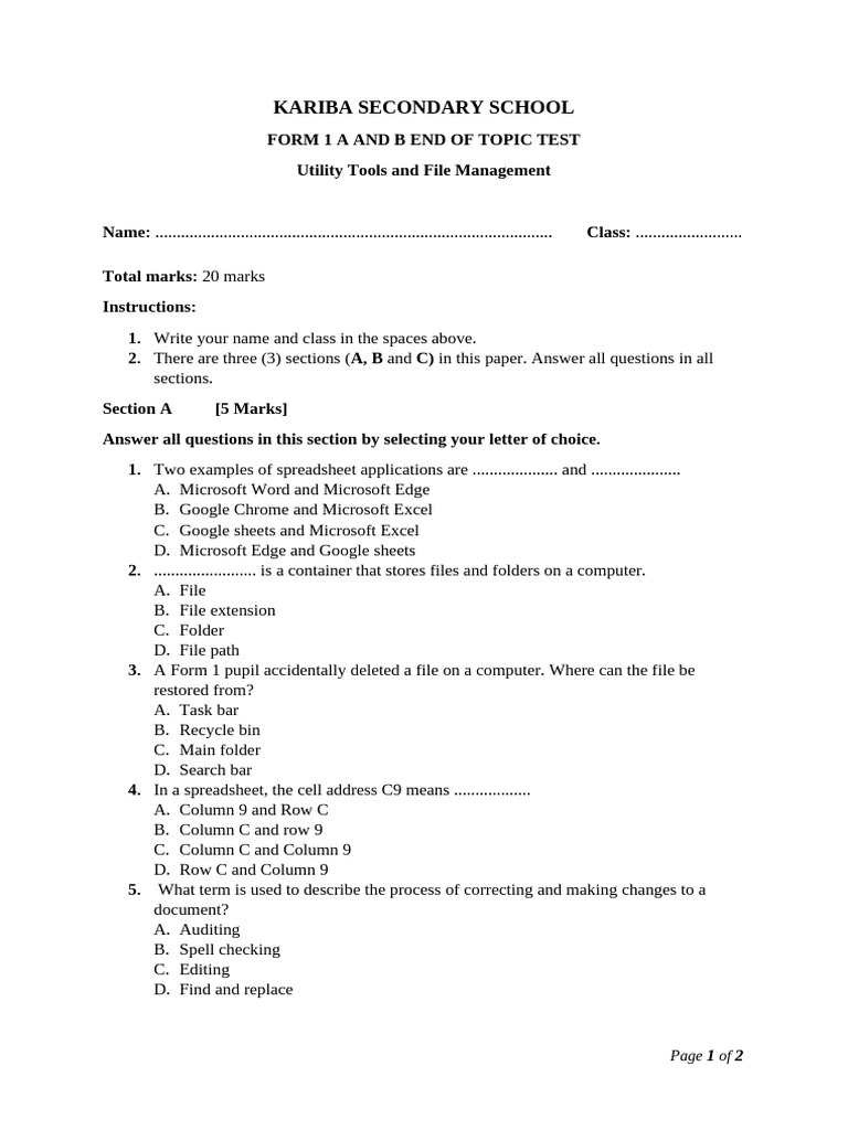 Utility Tools End of Topic Test | PDF | Computer File | Spreadsheet