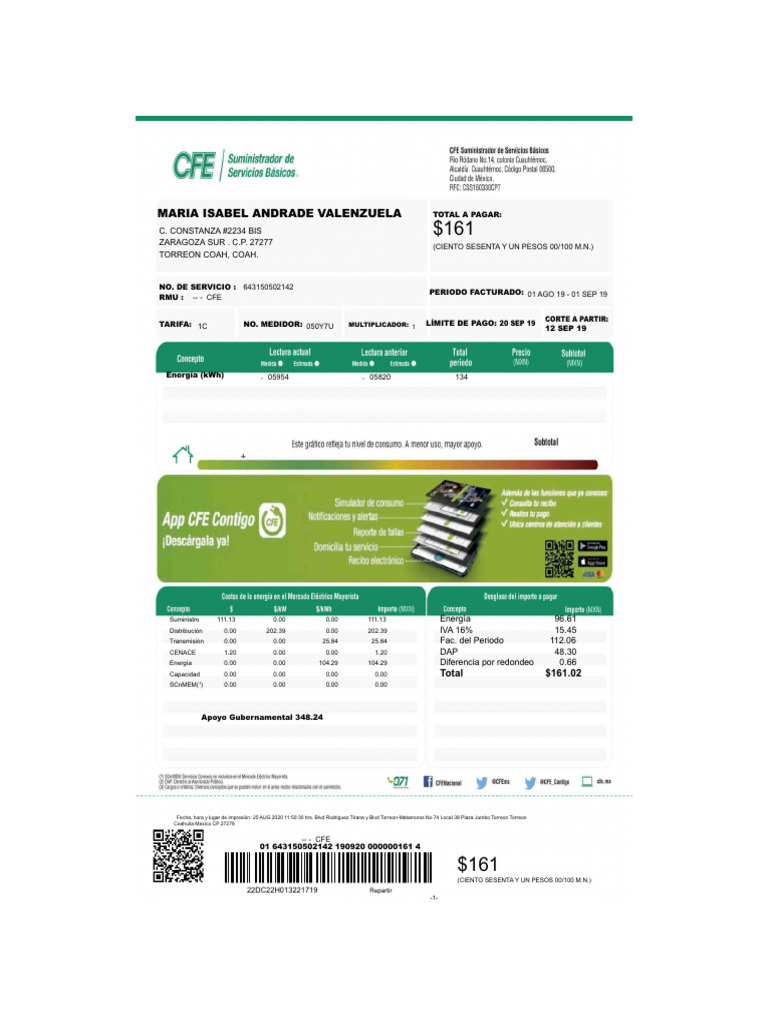 Factura CFE: Total a Pagar $161 | PDF | Energia electrica | Poder (Física)