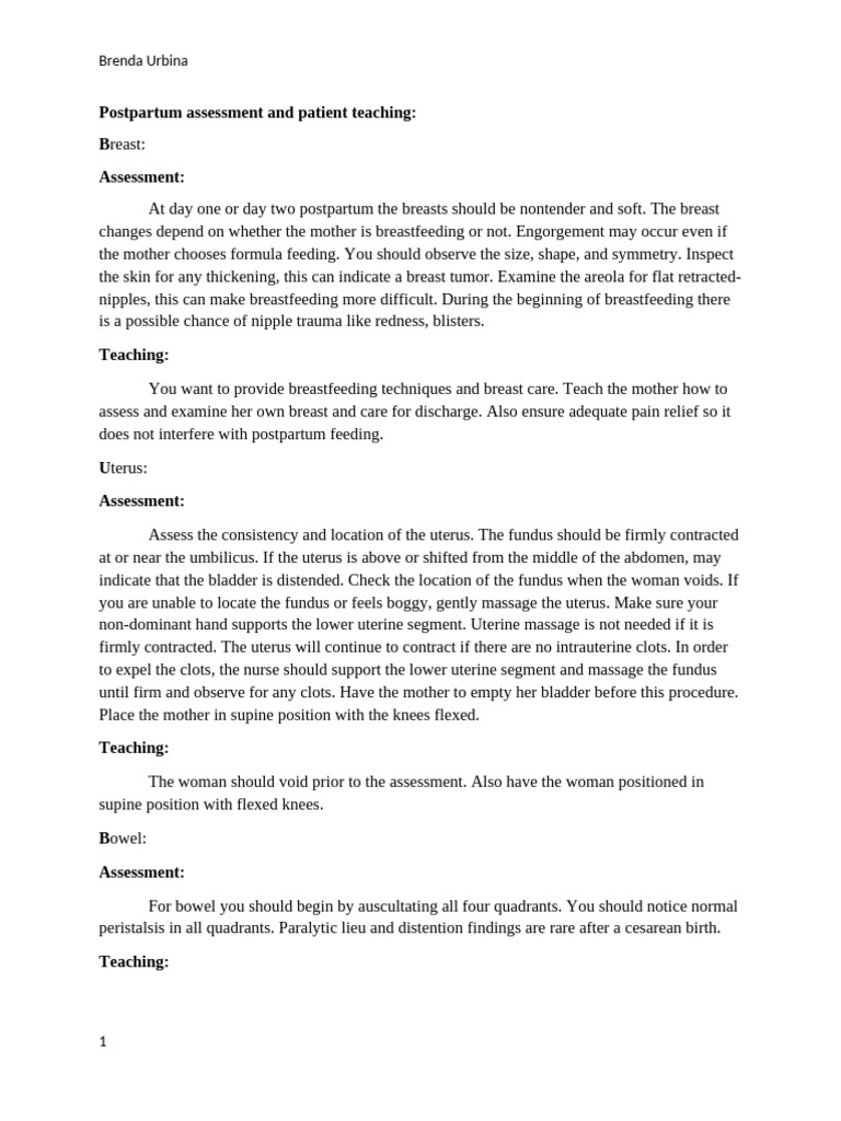 Postpartum Assessment and Care Guide | PDF | Postpartum Period | Uterus