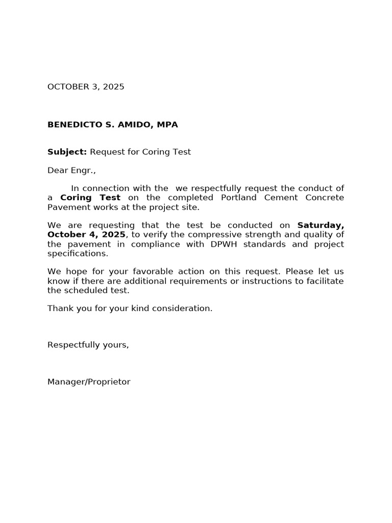 Request for Coring Test on Pavement | PDF