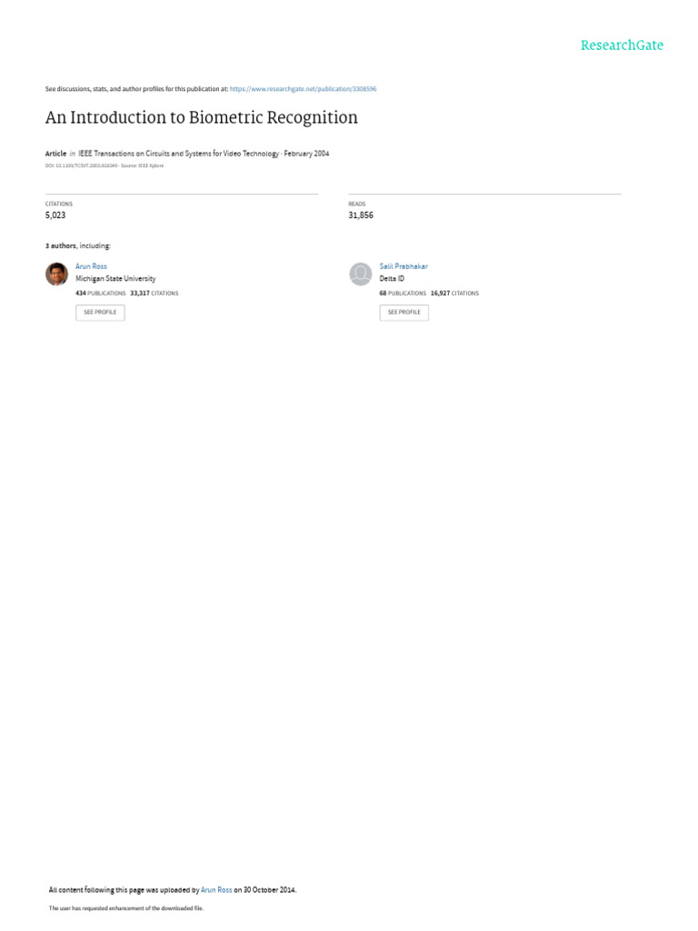 An Introduction To Biometric Recognition | PDF | Biometrics | Fingerprint