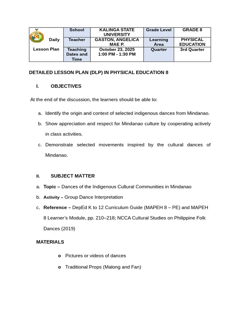 Lesson Plan On Dances of The Indigenous Cultural Communities in ...