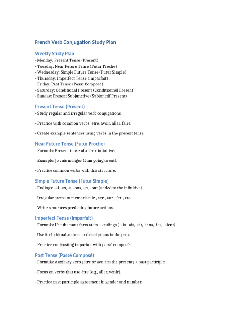 French Verb Conjugation Weekly Plan | PDF