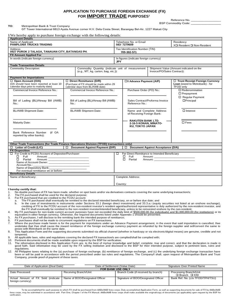 Foreign Exchange Purchase Application Form | PDF | Foreign Exchange ...