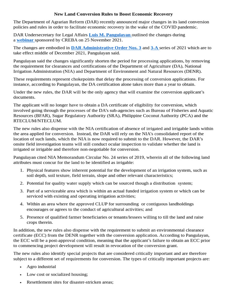 New Land Conversion Rules To Boost Economic Recovery | PDF