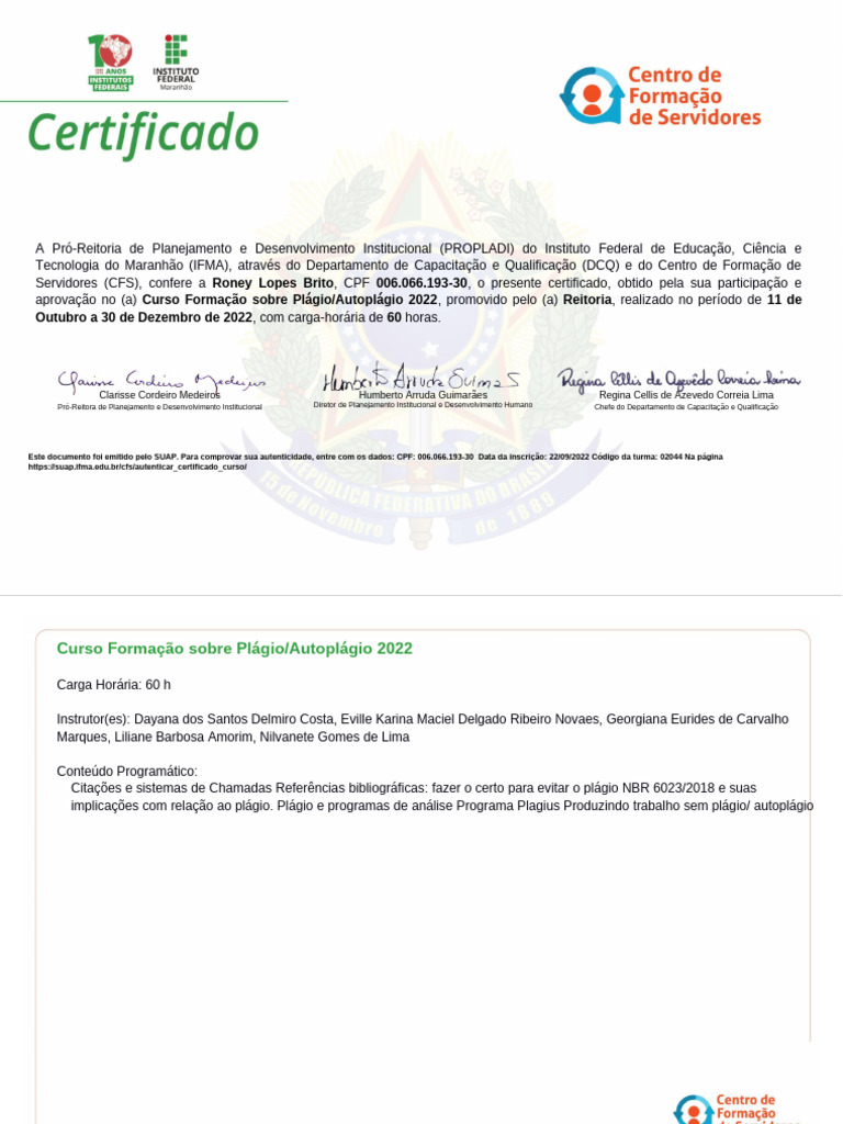 Certificado Roney Brito Plagio 2022 | PDF