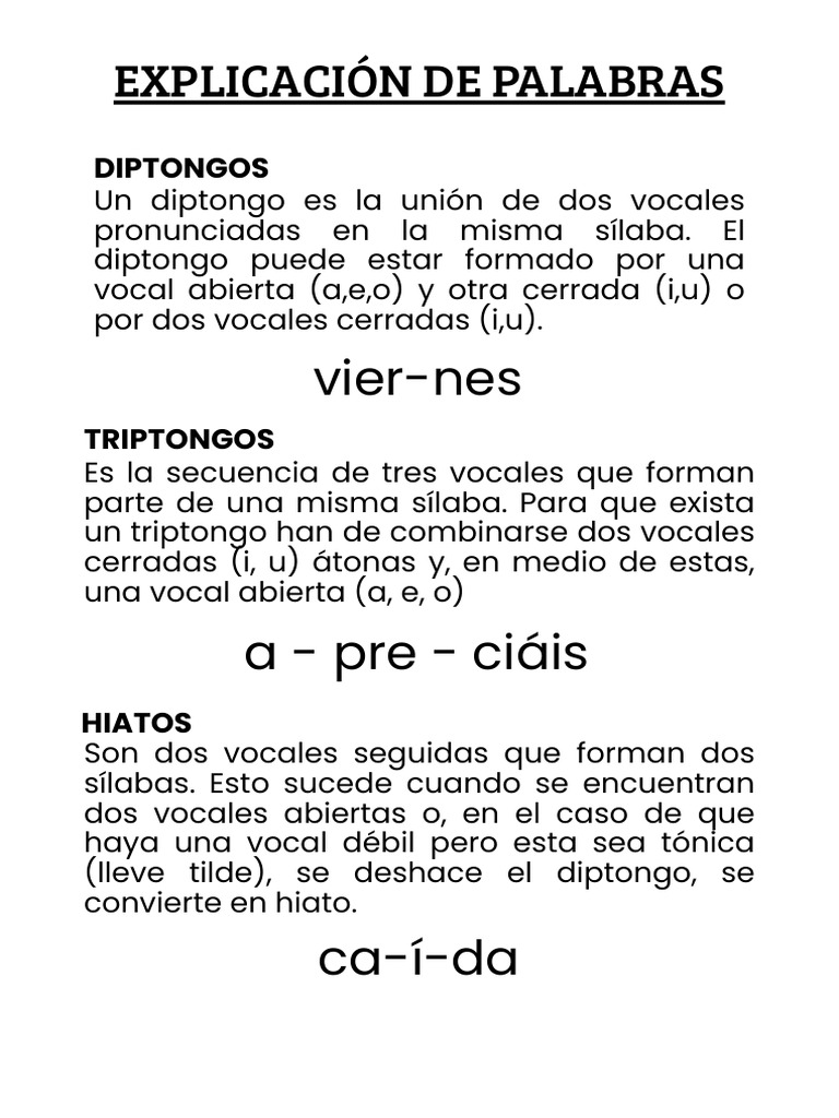 Diptongos, triptongos y hiatos explicados | PDF