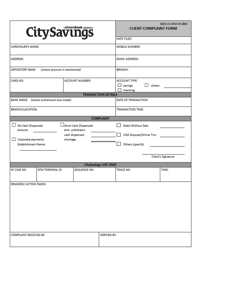ATM - Client Complaint Form | PDF