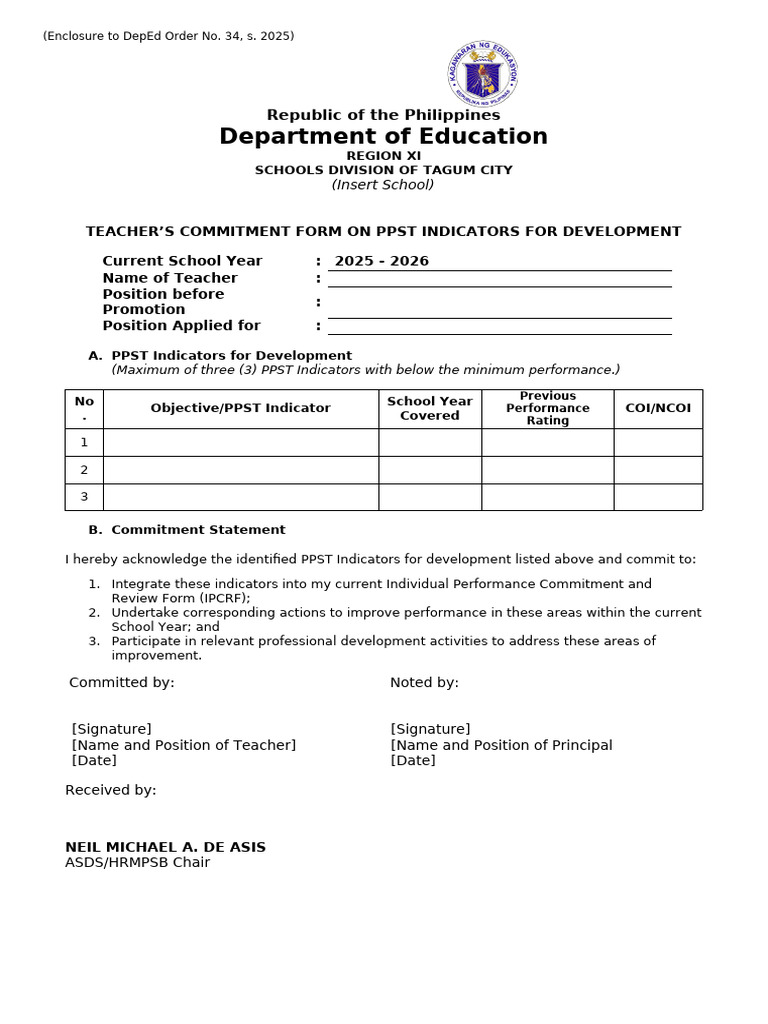 Commitment Form - Enclosure To DepEd Order No. 34, S. 2025 - For ...