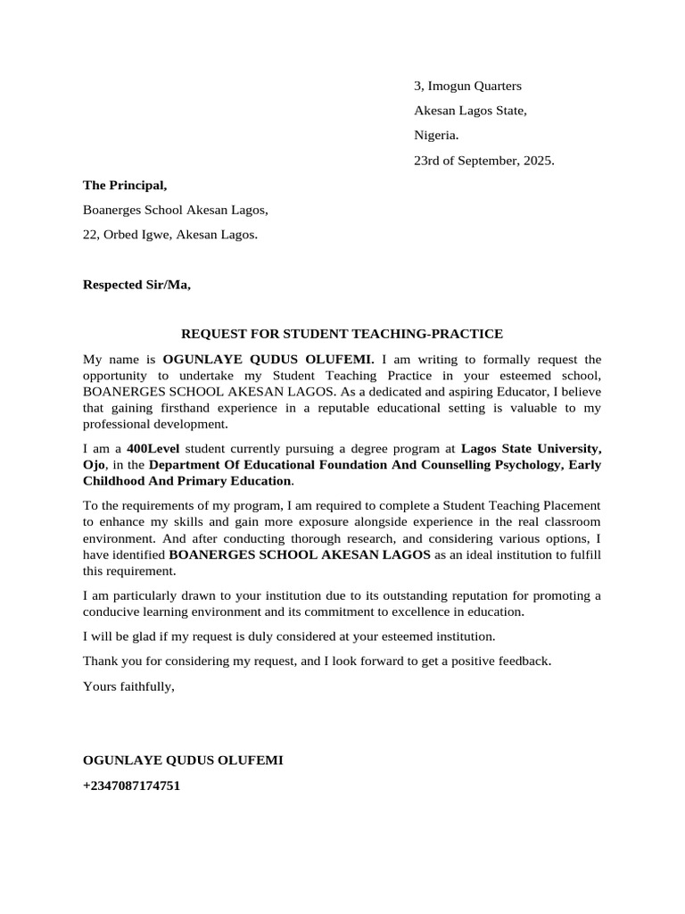 Request for Teaching Practice at Boanerges | PDF