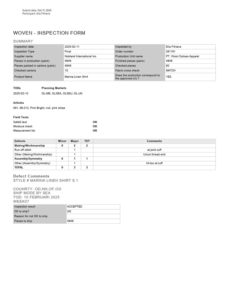 Final Inspection Report for Marina Shirt | PDF | Clothing | Fashion